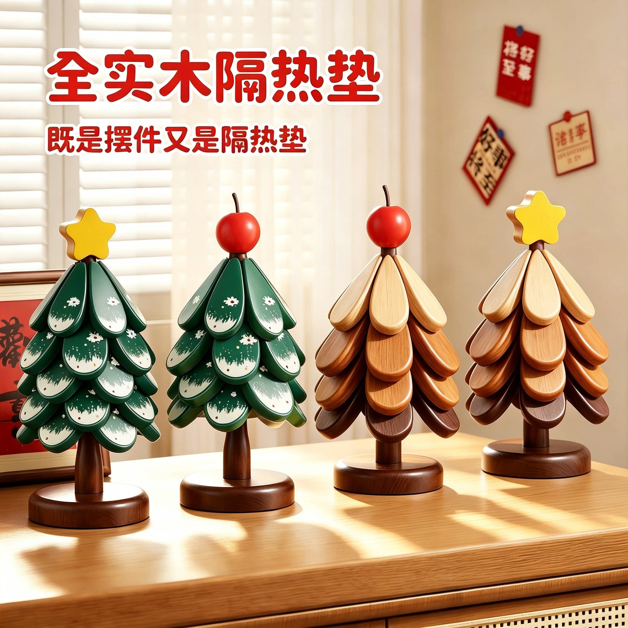 实木圣诞树餐垫餐桌隔热垫厨房防烫杯垫高级感碗垫沥水垫桌面摆件
