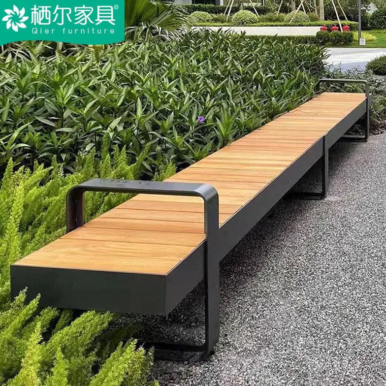 户外简约实木椅不锈钢公园椅休闲长椅成品座椅铁艺坐凳室外园林椅