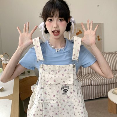 美式小碎花清新白色休闲背带裤女春夏连体裤直筒宽松长裤子