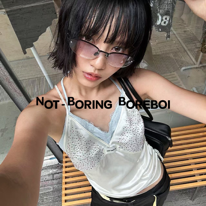 NB B丨醋酸重工轻奢绑带渐变粉烫钻设计感撞色挂脖蕾丝吊带背心