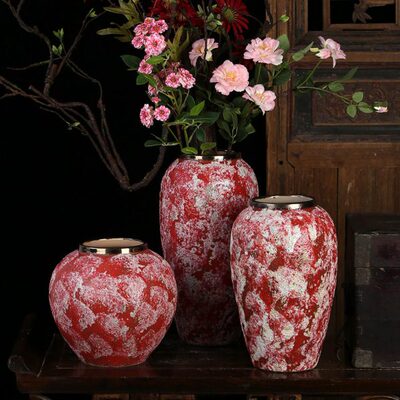 罐陶瓷花盆插花花瓶小清新粗陶新中式摆件复古手工粗陶红现代简约