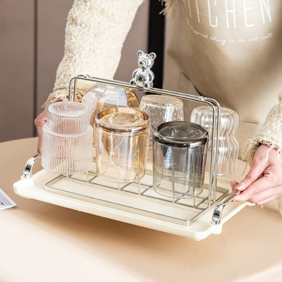 不锈钢6杯架 带沥水米黄色托盘玻璃倒扣K架客厅水杯架小鹿水杯收