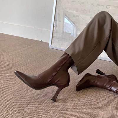 棕色高跟短靴2025年新款秋冬韩版网红瘦瘦靴方头细跟软皮小短靴女