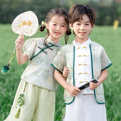 新中式汉服男童夏装国风唐装男孩端午古装亲子装六一幼儿园演出服