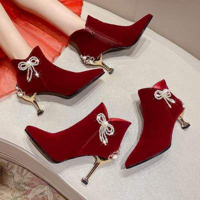 冬季婚鞋女细跟秀禾服婚纱两穿结婚新娘鞋靴子红色高跟不累脚冬天