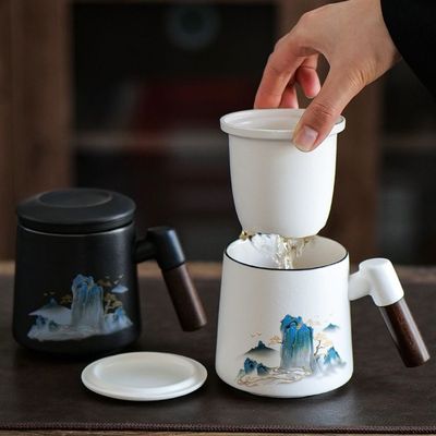 马克杯带盖过滤茶水分离泡茶杯子喝水大容量男女陶瓷杯办公室定
