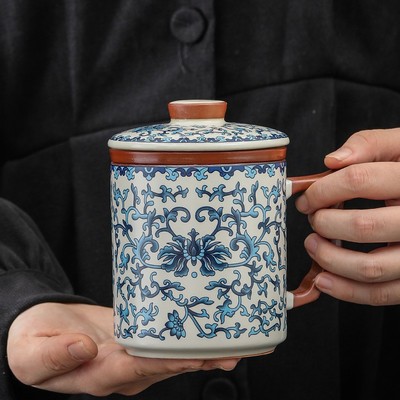 汝窑茶杯茶水分离办公杯陶瓷带盖马克杯个人专用水杯女士喝茶杯子