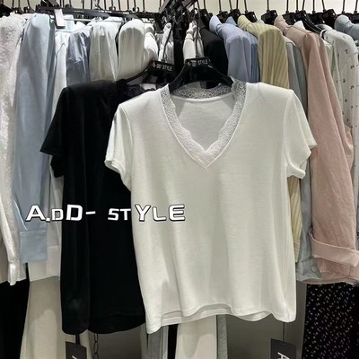 ADD辣妹T恤2025夏季新款纯欲显瘦蕾丝拼接设计感v领短袖T恤上衣女