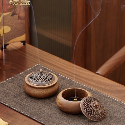 胡桃木实木香炉家用室内沉香茶道禅意香熏炉底座中式创意摆件