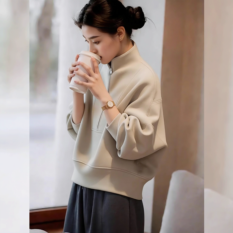 极简风立领拉炼卫衣女2026秋冬季新款宽松显瘦百搭高级感上衣外套