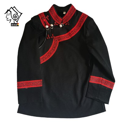 凉山西昌彝族服装衣服男装传统青年民族风黑色新郎手工刺绣上衣