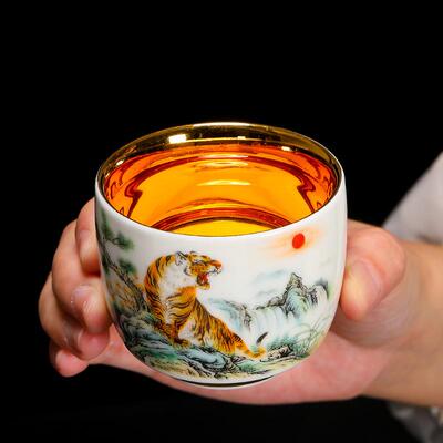 老虎主人杯白瓷羊脂玉24K鎏金茶杯个人专用品茗杯虎年茶盏单金盏