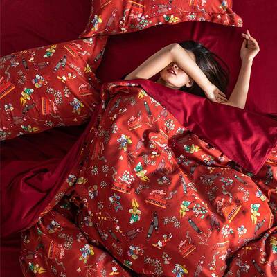 xyt现代古典元素60支贡缎长绒棉喜庆红色结婚四件套百子福婚庆床