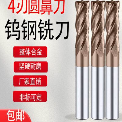 58度钨钢合金铣刀4刃加长牛鼻圆鼻铣刀硬质合金涂层d6r0.5立铣刀