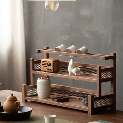 黑胡桃木新中式茶杯架子茶具收纳架实木桌面茶桌置物架小型多宝阁