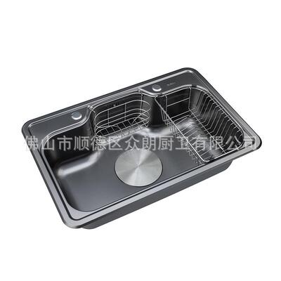 加厚拉丝压纹黑色港湾一体拉伸大单槽304水槽不锈钢平盖下水7548B