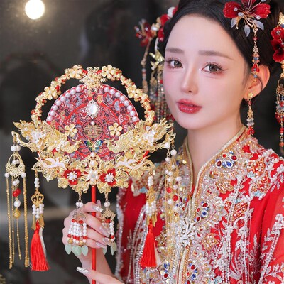 双面团扇新娘结婚出嫁喜扇子diy材料包婚礼O秀禾手工重工婚扇成品