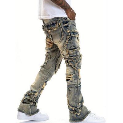 Street Chic Men's Black Stacked Jeans Slim Fit Ripped Denim