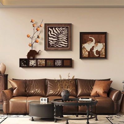 中古风大象客厅装饰画柿柿如意复古沙发背景墙挂画高级感艺术壁画