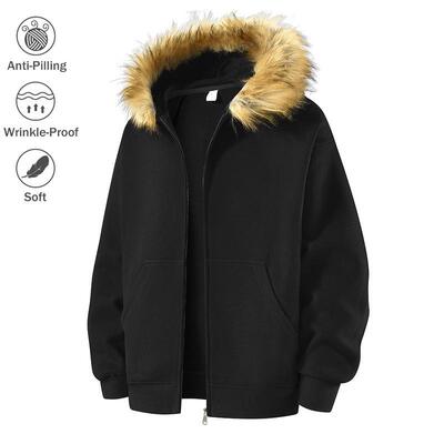 Faux Fur Collar Hooded Jacket Men's Fleece Lined Zipper Up