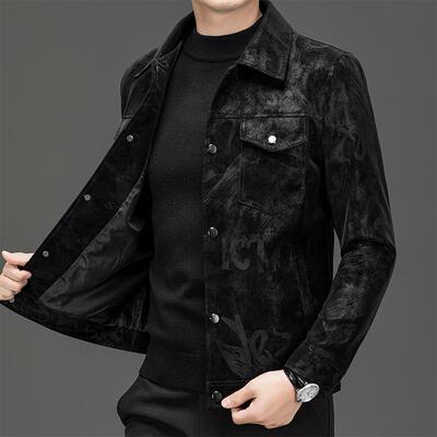 Men's Lapel Printed Leather Jacket Autumn Casual Single