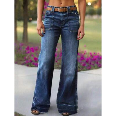 Women Loose Fit Jeans With Front Back Pockets Flare