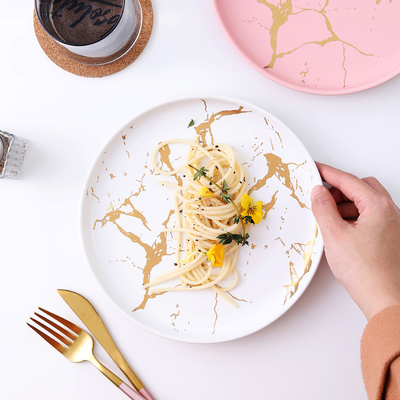 西餐盘牛排盘欧式家用陶瓷摆盘圆形盘子套装黑色大理石纹披萨盘