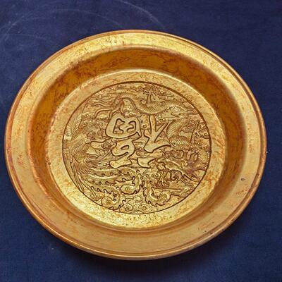 古玩仿古铜铜鎏金盘子龙凤福金碟子工艺品家居工艺摆件