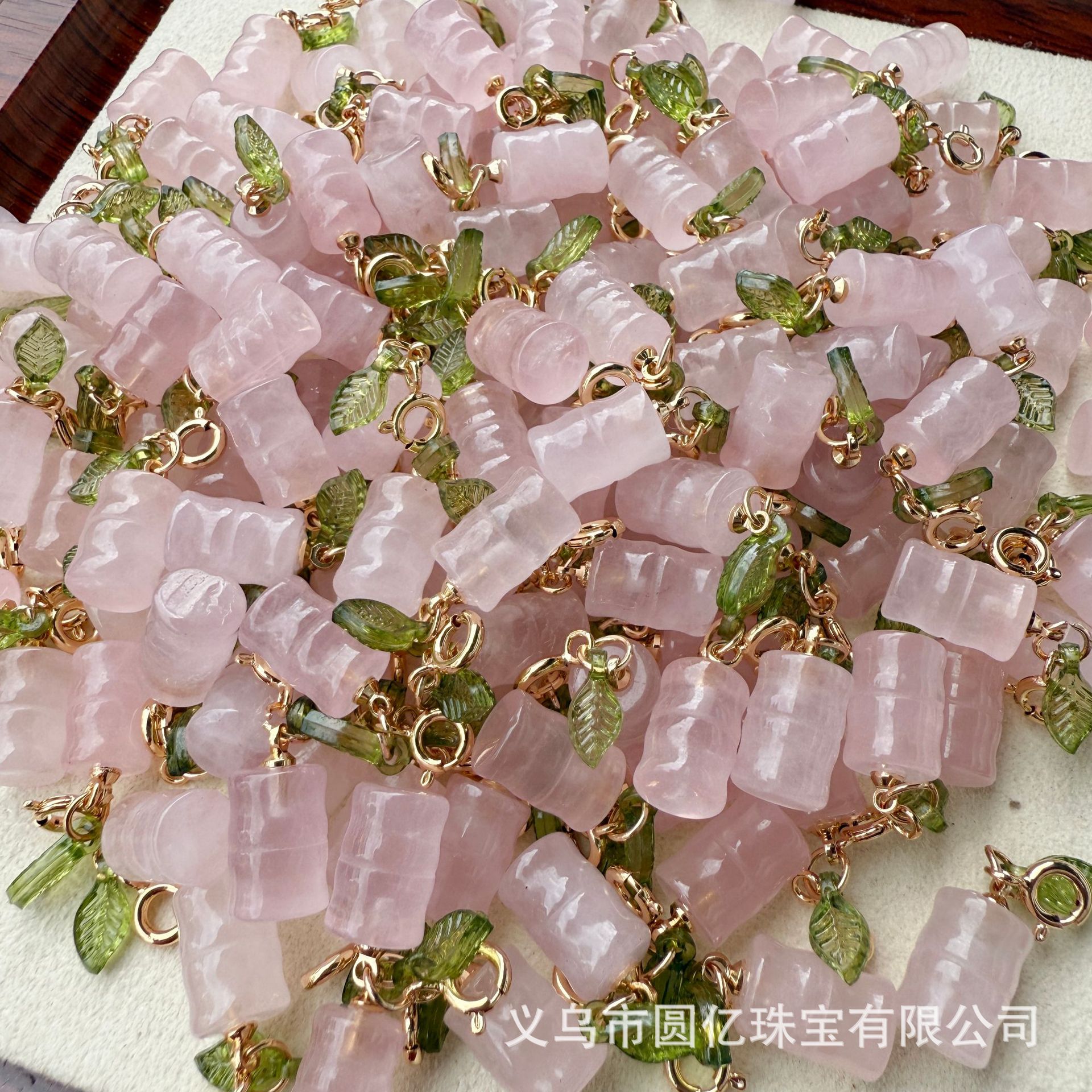 天然粉水晶竹节半孔小滴溜吊坠手工项链耳环半成品diy串珠配饰