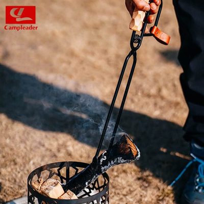户外露营烧烤铁质焚火钳实木手柄木炭柴火夹子焚火钳子碳夹加长
