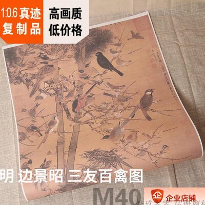 1:0.6明 边景昭 三友百禽图 明代花鸟画名作真迹复制品53x103cm