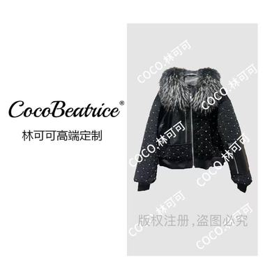 【COCO林可可】绸缎丝绒满钻真毛毛领气质加厚夹棉外套（8503）