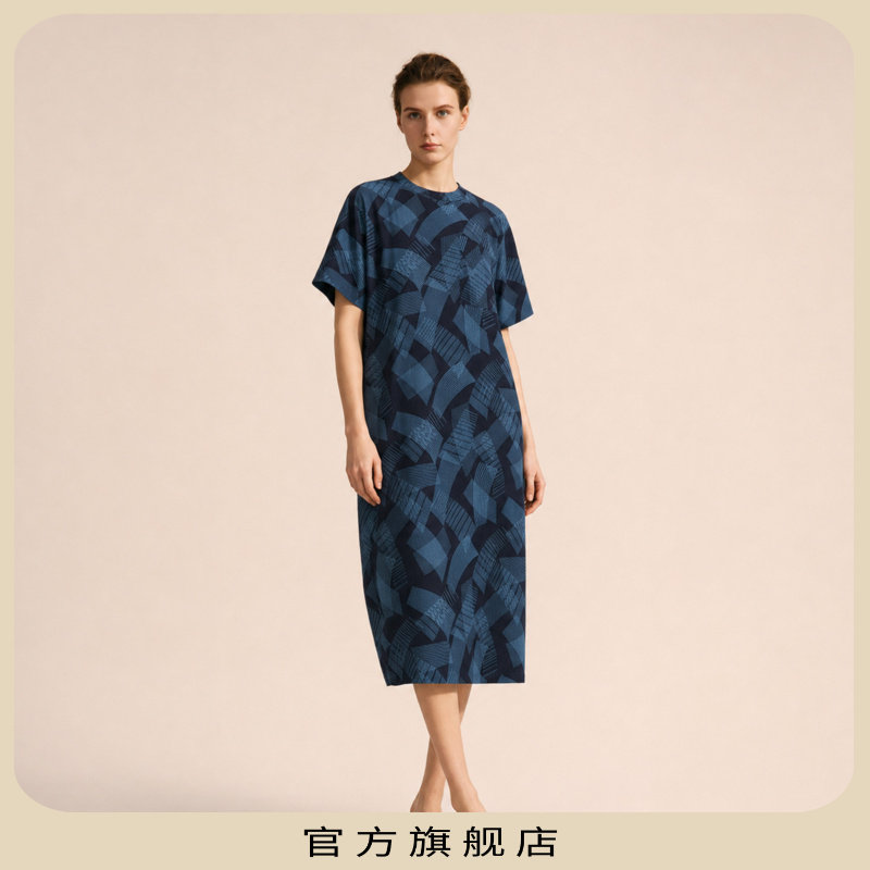 【KLOVA】新款夏季女时尚商务风花青蓝线条H型连衣裙LT6781(UN)