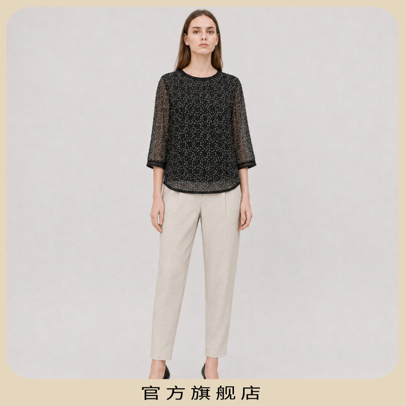 KLOVA/柯罗芭新款夏季女优雅通勤风黑色波点短袖T恤TW6641(UN)