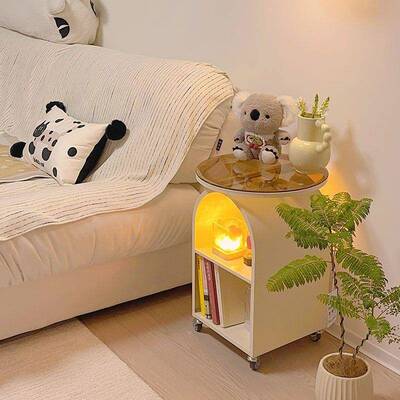 边可移动几网客TDA带轮玻璃小茶几红简约小圆桌卧厅室床边桌置物