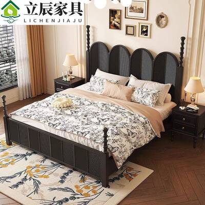 黑色轻奢美式双人床1.8米储物高箱1.5m雕花中古风法式复古实木床