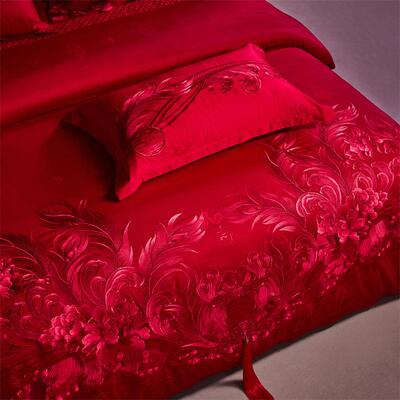 新款提中式14支全棉HFT绒棉贡缎花刺绣婚庆陪嫁四件套多0件套床长