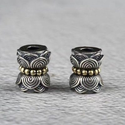 S925银双头莲花桶珠腰珠文玩星月菩提百香籽并蒂双莲顶珠隔珠配珠