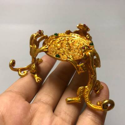 复古锌合金鎏金金三蜡龙镶宝石台属工艺品文市集古玩20250814老物