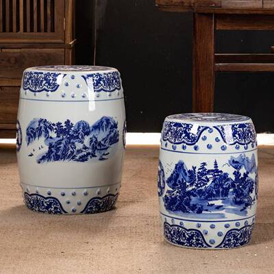 雨彤家青茶花瓷缠枝莲山陶瓷鼓凳新中式室水凳居鼓墩83520坐墩矮