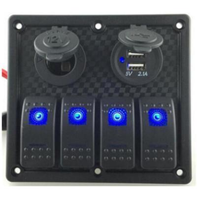 4位船型开关面板ON-OFF双灯配双USB+12V电源汽车4GANG开关板z