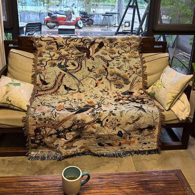 花鸟中式复人古风单位发盖毯针织沙提花毯墙面MCR毯装饰布艺挂毯