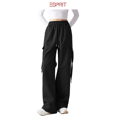 黑色高腰工装抽绳多口袋阔腿裤