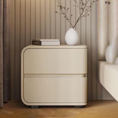 奶油风床头柜轻奢室小型木皮质卧XPK高级感免安装床实边柜极收简