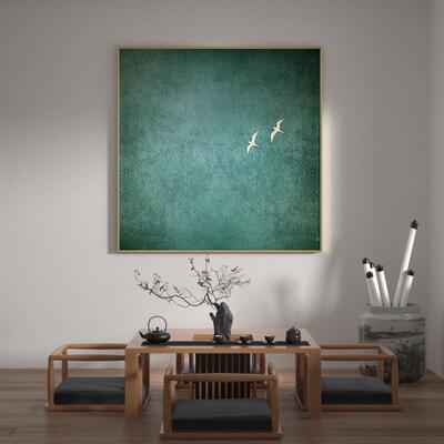 新中式装饰关画蓝色极简抽象留白飞轻奢背客鸟厅玄景壁画BZR方形