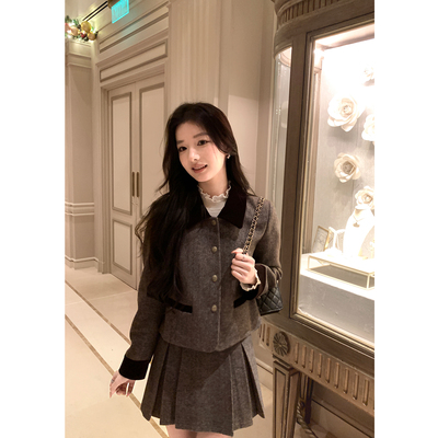 1XTWO 心动赴约 人字纹毛呢外套女a字百褶半身裙气质小香风套装
