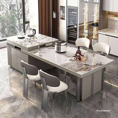 桌岛台餐桌组合24658一体伸缩简轻奢岩板岛台茶现代约储物拉伸餐