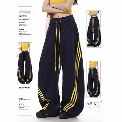 ARKU美式街头条纹三条杠弯刀卫裤女宽松跳舞爵士舞阔腿休闲运动裤