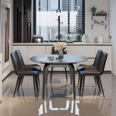 纯黑岩板餐桌缩组合简约现代小KRD户型可伸家用经济型圆吃椅饭形