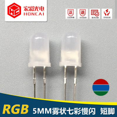 F5圆头雾状七彩慢闪短脚5MM循环闪RGBLED灯珠发光二极管现货